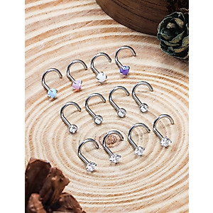Cisyozi 22G Nose Rings Stud Piercing Jewelry Women Stainless Surgical Steel Nose Stud Silver Screw Twist Spiral Corkscrew Nose Nostril Ring Stud Hook Set Piercing Jewelry Women Men 1.5mm Diamond Opal