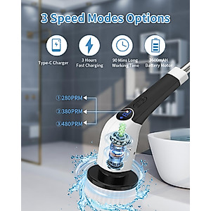 Electric Spin Scrubber, Cordless Shower Cleaning Brush with 8 Replaceable Brush Heads, 3 Adjustable Speeds, Detachable & Extendable Long Handle Scrubber for Bathroom Floor Tile, Voice Broadcast