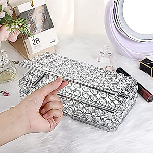 ELLDOO Crystal Jewelry Box Rectangle Trinket Organizer Earrings Rings Box Treasure Box Storage Home Decor Accent Decorative Box with Lid for Valentine Wedding Christmas Birthday Gift, Silver