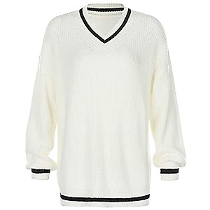 Domingbub Women Knitted Sweater Aesthetic V-Neck Long Sleeve Sweater Pullover College Style Loose Argyle Print