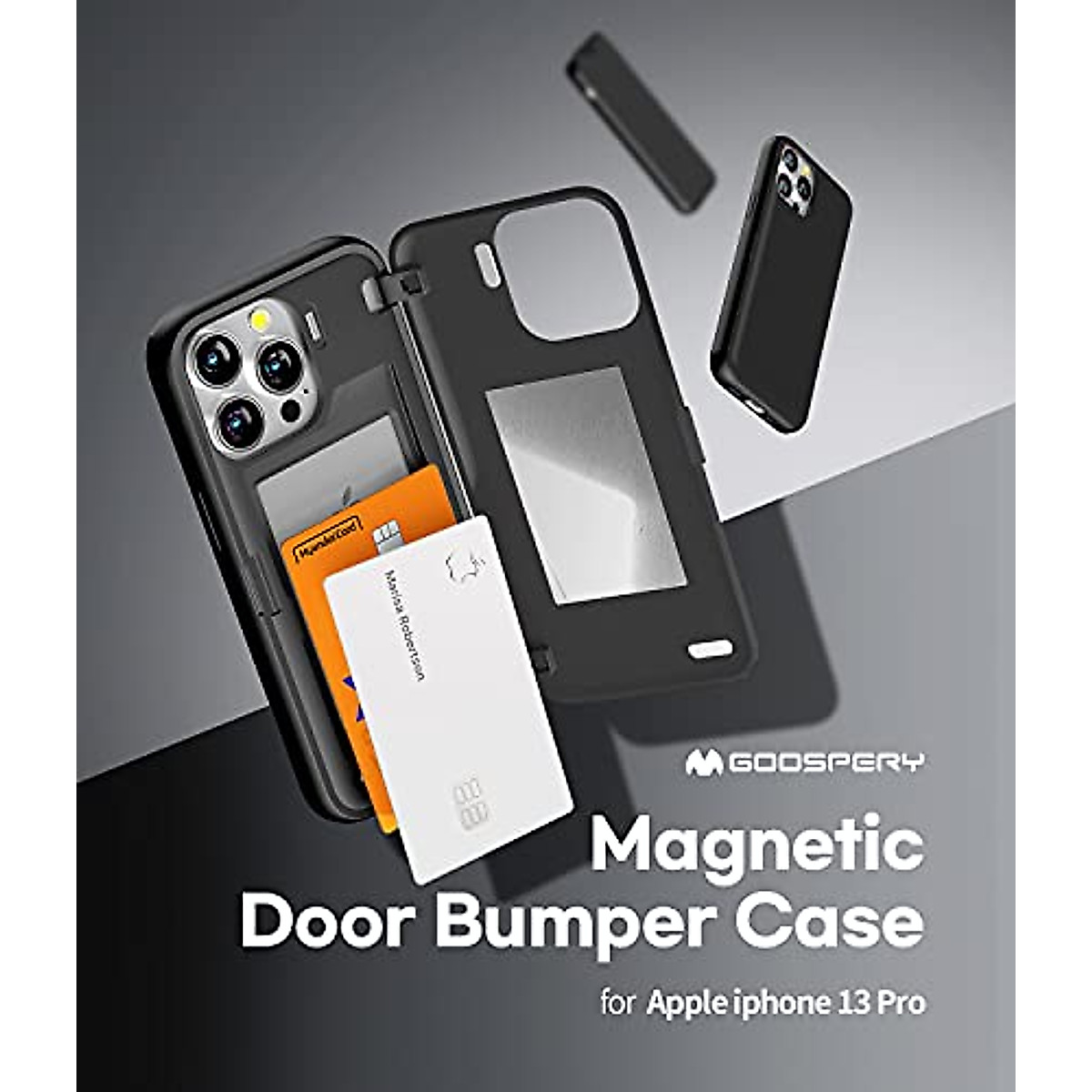 GOOSPERY Magnetic Door Bumper Compatible with iPhone 13 Pro Case, Card Holder Wallet Case, Easy Magnet Auto Closing Protective Dual Layer Sturdy Phone Back Cover - Black