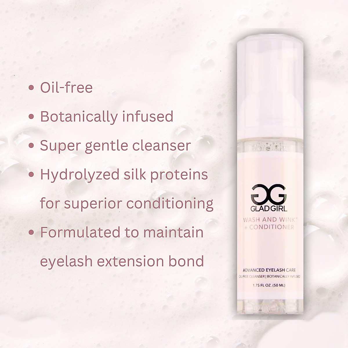 GladGirl Eyelash Extension Cleanser Wash And Wink - Lash Shampoo and Conditioner - Non-Irritating Foaming Liquid 50 ml