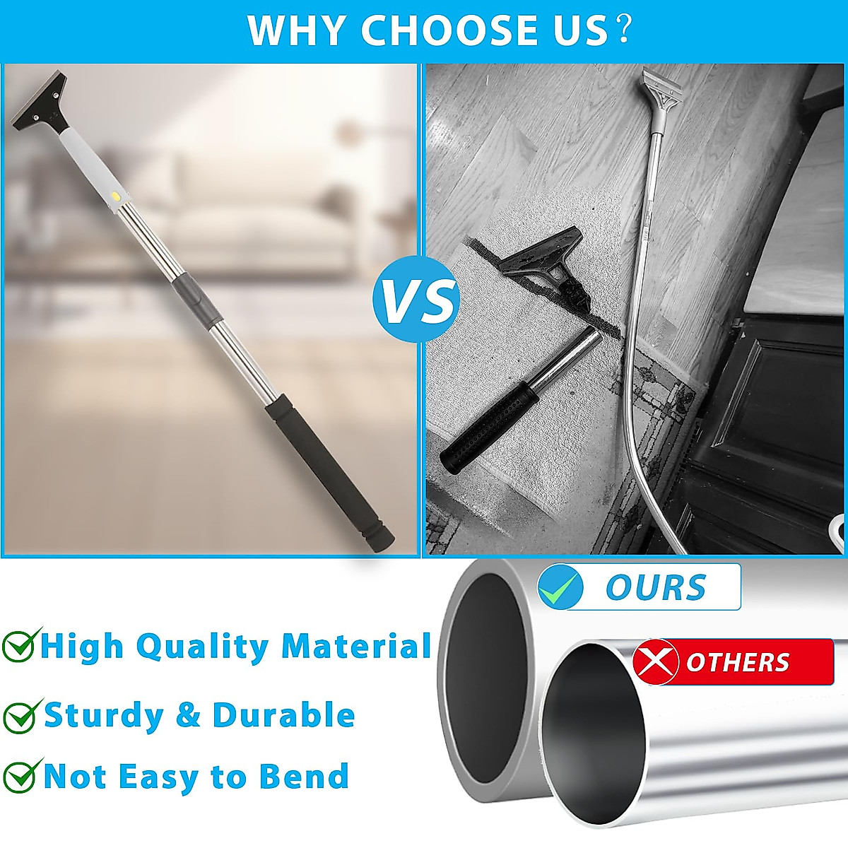 Floor Scraper, Scraper Tool Long Handle Adjustable 31" to 61" with 4-inch Razor Blade Stainless Steel Material Cleaning Glass Wall Gum Paint Tile Glue Linoleum Carpet Sturdy Durable