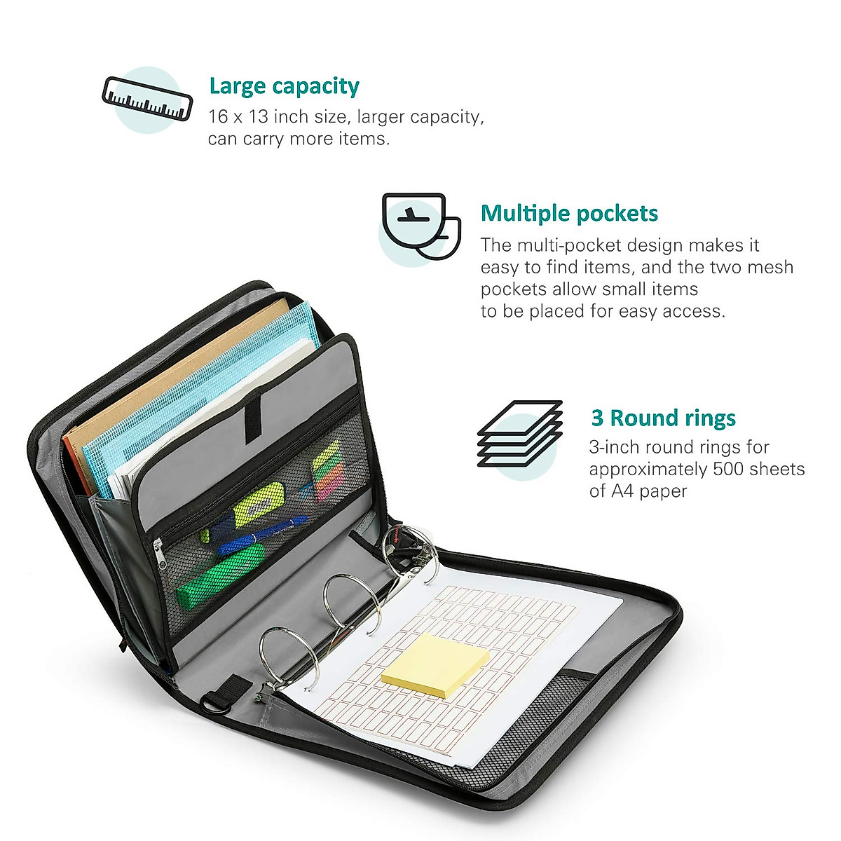 3-Inch Zipper Binder, 3 Round Rings Binder with Expanding File and Shoulder Strap, Black