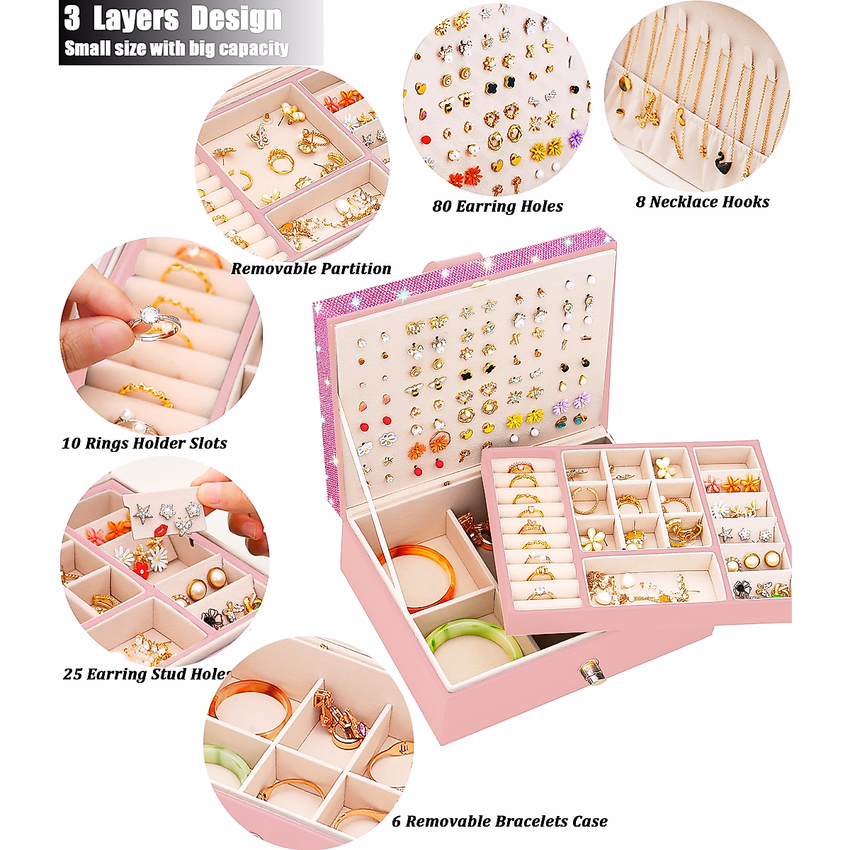 QBestry Jewelry Box for Earrings for Girls Jewelry Organizer Box Earring Holder Organizer for Girls Earring Box Jewelry Box Stud Earring Organizer for Girls Earring Jewelry Boxes for Women Pink Bling
