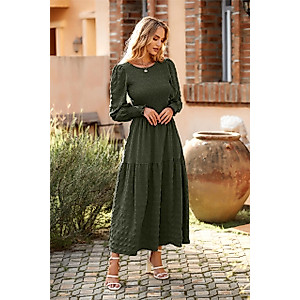 PRETTYGARDEN Women 2024 Puff Long Sleeve Crewneck Smocked Maxi Dress Solid Empire Waist Tiered A-line Swing Flowy Long Dress(Army Green,X-Large)