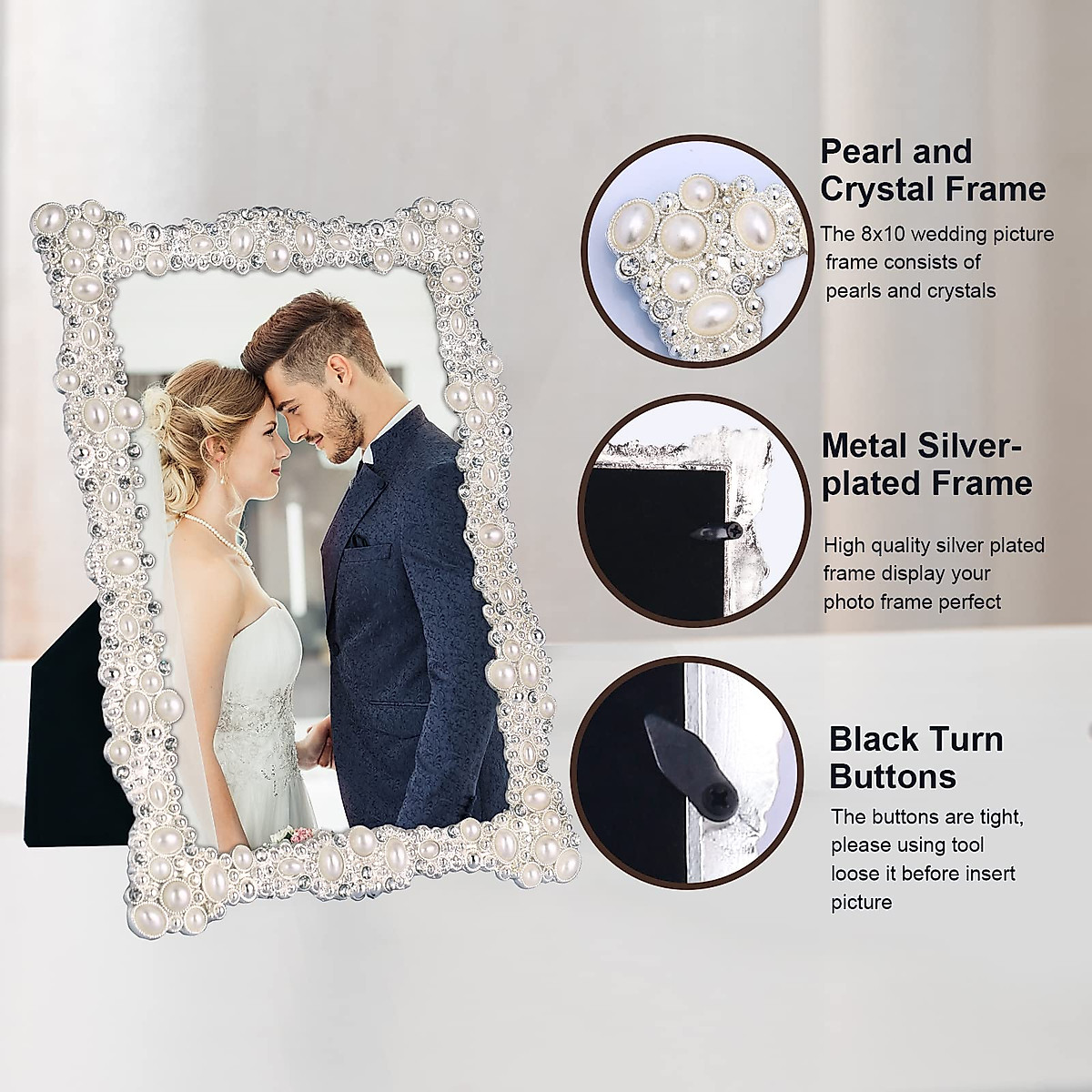 4x6 Pearl Picture Frame with Crystal for Wedding, Silver Plated with High Definition Glass Photo Frames with Rhinestones Horizontal and Vertical Decor Tabletop Display (Real Glass)