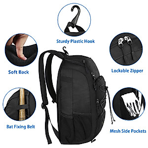 MATEIN Baseball Bag, Large Softball Bag with Shoe Compartment, Bat Bags for Men and Adult, Baseball Backpack with Fence Hook Hold TBall Bat, Batting Mitten, Helmet, Teeball Gear, Black
