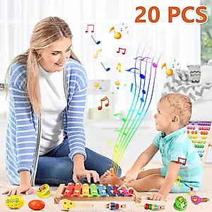 INLAIER Kids Musical Instruments Set, 20 Pcs Wooden Shakers Percussion Instruments Tambourine Xylophone Toys, Child Early Learning Musical Toys for Boys and Girls Gifts Present with Carrying Bag