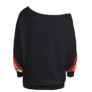 Black Sweatshirt Women Rainbow Print Tops Off Shoulder Long Sleeve t Shirt