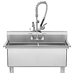 TCEUMIK Commercial Kitchen Sink Faucet with Pre Rinse Sprayer 8'' Center 25'' Height 12'' Swivel Spout Adjustable Wall-Mount Kitchen Faucet for 1, 2, 3 Industrial Restaurant Compartment Utility Sinks