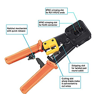 RJ45 Crimp Tool Ethernet Crimper for RJ45 Cat6 Cat5 Cat5e Pass Through Connectors and RJ12 Plug Ends with 50PCS RJ45 Cat6 Connectors, RJ45 Cable Tester and Mini Wire Stripper