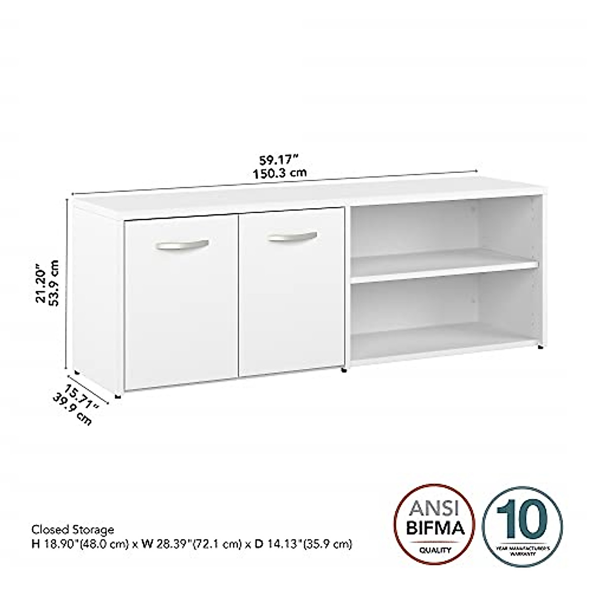 Bush Business Furniture Hybrid Low Storage Cabinet with Doors and Shelves, White