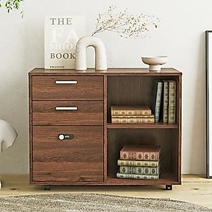 Wood File Cabinet with Coded Lock, File Cabinet for Home Office, Office Storage Cabinet with 3 Drawers and Open Storage Shelves, Filing Cabinet with Wheels, Brown Oak