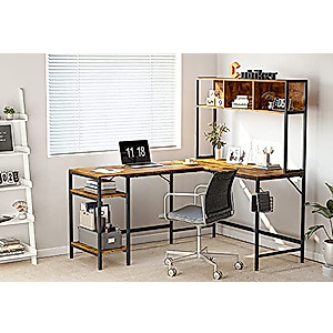 Cubiker L-Shaped Desk with Hutch, 60" Corner Computer Desk, Home Office Gaming Table with Storage Shelves, Space-Saving, Rustic Brown