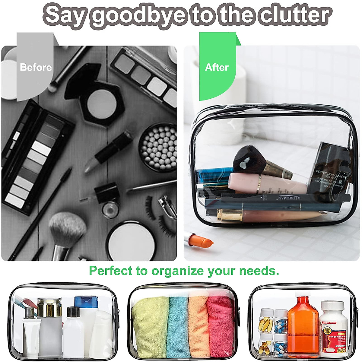 Veiai Clear Travel Bags for Toiletries, 2 Pack Large Clear Comestic Pouch, Multipurpose Transparent TSA Makeup Bag with Zipper Portable Makeup Organizer for Women Men Traveling Trip