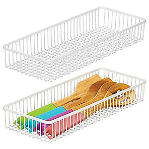 mDesign Metal Farmhouse Kitchen Cabinet Drawer Organizer Basket Tray, Shallow Storage Bin for Cutlery, Serving Spoons, Cooking Utensils, Appliances, Gadgets, Unity Collection, 15" Long, 2 Pack, White