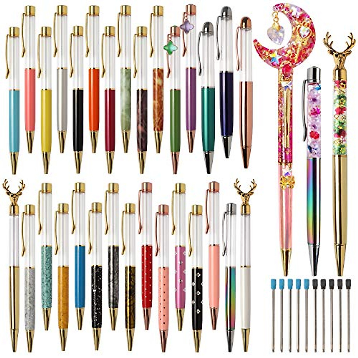FUNSHOWCASE Floating Liquid Sand Ballpoint Pens Set 40-kit 30 Empty Tube Glitter Pen with 10 Replaced Black and Blue Refills