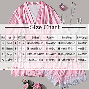 HGps8w Sleepwear for Women 3 Piece Stripe Satin Pajama Set Lingerie Lace Cami Pj Set Sexy V Neck Cami Top with Robe Pink