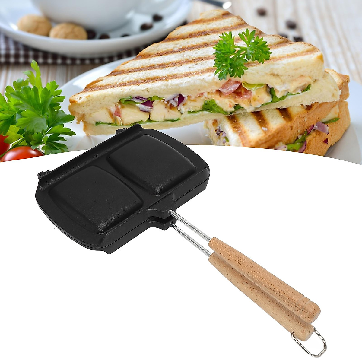 Syrisora Sandwich Baking Pan Double Side Sandwich Maker Anti Stick with Detachable Handle Sandwich Skillet for Gas Stove Egg Toast