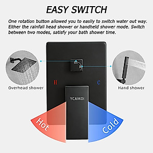YCAIKOI Matte Black Shower System, 8 Inch High Pressure Rain Shower with Handheld, Wall Mount Shower Faucet Set for Bathroom, Rough-in Valve Body and Trim Included