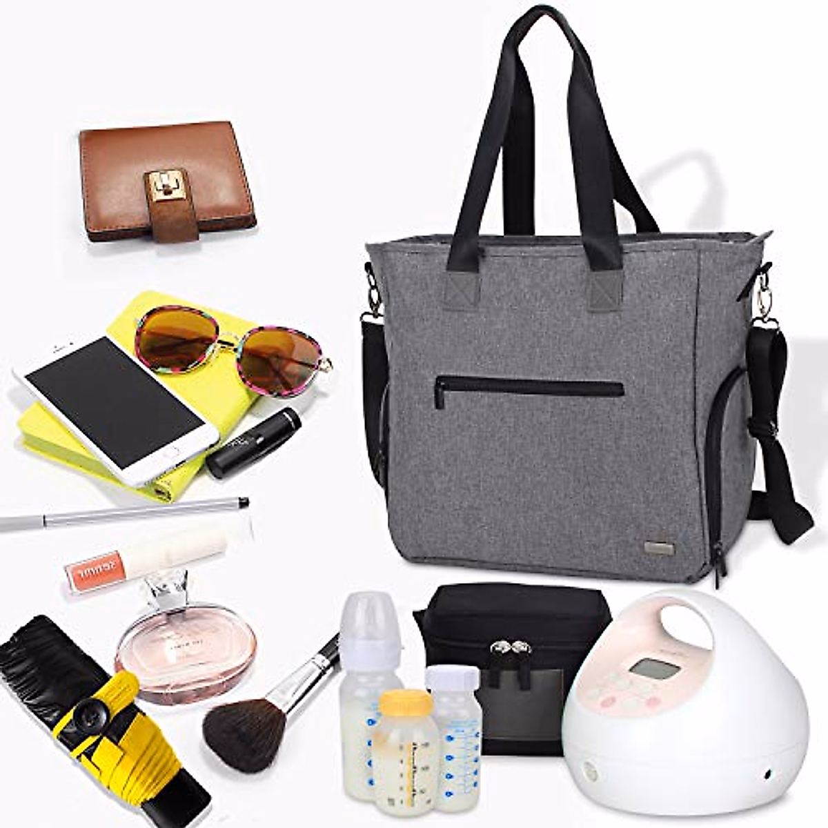 Teamoy Breast Pump Tote Bag Compatible for Spectra S1, S2, Medela, Pumping Bag for Breast Pump Parts, Cooler Bag, Laptop(Up to 14'') and More, Dark Gray (Bag Only)