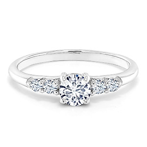 Gem Stone King 925 Sterling Silver White Moissanite and Created Sapphire Engagement Ring For Women (0.67 Cttw, Round 5MM, Available In Size 5,6,7,8,9)