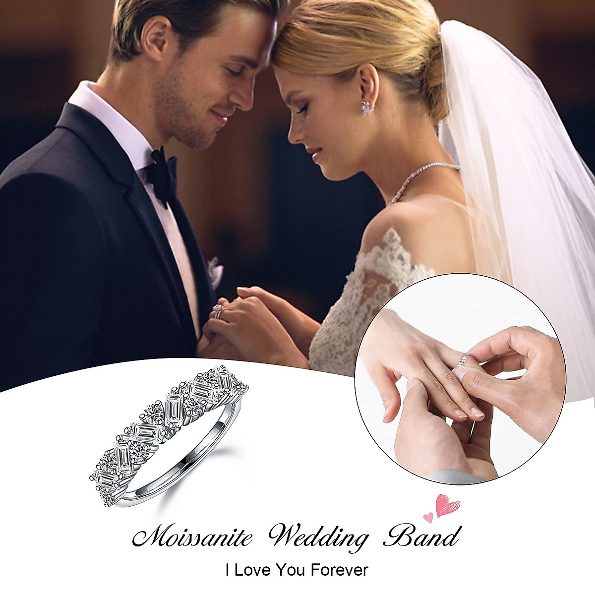 SMILEST Cluster Moissanite Half Eternity Band for Women, Baguette and Round D Color VVS1 Clarity Lab Created Diamond Rings 18K White Gold Plated 925 Sterling Silver Vintage Moissanite Promise Rings