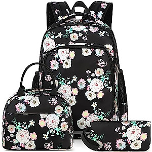 School Backpack Girls Floral Bookbag Teens Water-resistant Schoolbag Kids Insulation Lunch Bag and Pencil Case