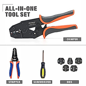iCrimp Wire Crimping Tool Set with Wire Cable Stripper, Ratcheting Wire Crimper Tool with 5pcs Interchangeable Dies for Insulated and Non-insulated Connectors Terminal and End-sleeves Ferrule