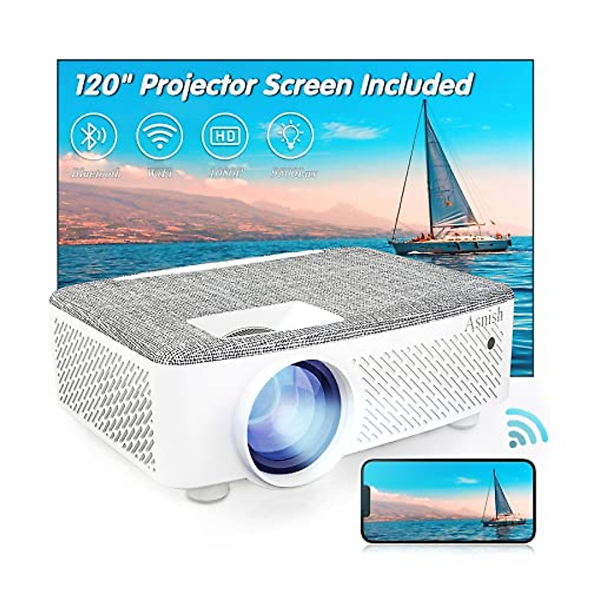 Projector with WiFi and Bluetooth [120" Projector Screen Included] 2023 Outdoor Movie Projector iOS & Android Native 1080P Full HD 9500L Compatible with TV Stick,Video Games, PC, Laptop,Smartphone