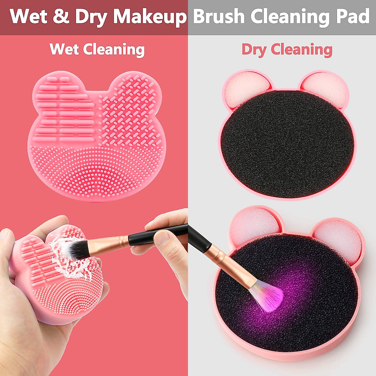 TailaiMei 2 Pack Makeup Brush Cleaning Mat with Color Removal Sponge, 2 in 1 Design Silicone Cleaner Pad for Dry Brush Color Switch and Wet Cleaning (Pink&Purple)