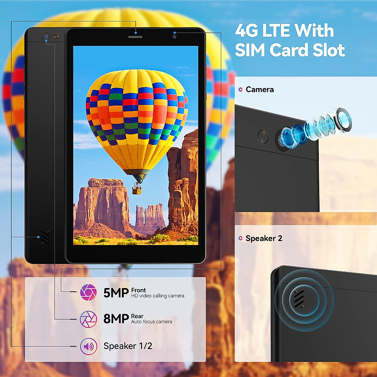 iball 8" Android Tablet, 1920 X 1200 IPS Full HD Display, Upgraded Octa-core Tablets, 4G LTE with SIM Card Slot,2GB+32GB ROM, 8MP Camera, 2.4G+5G WiFi Bluetooth 5.0 GPS