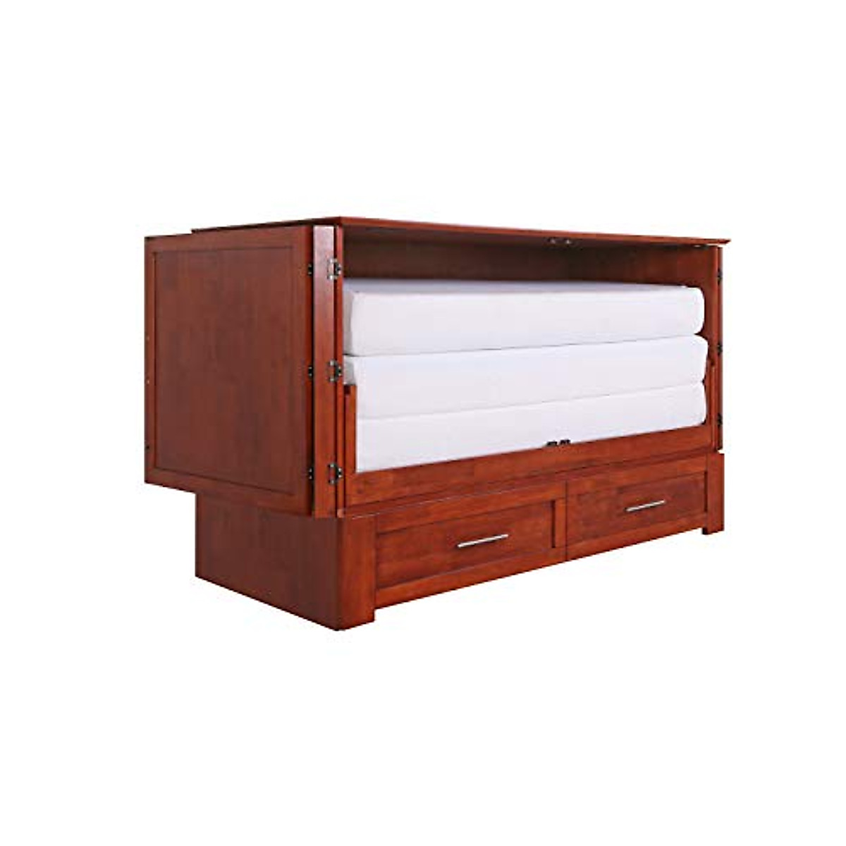 Emurphybed Daily Delight Murphy Cabinet Chest Bed with Charging Station & 6" Memory Foam Mattress, (Queen, Cherry)