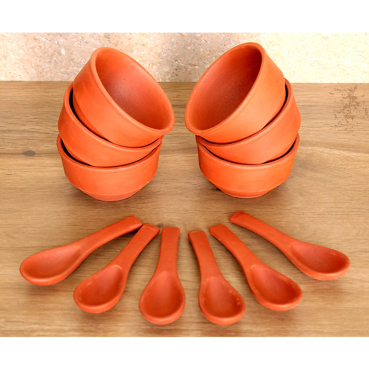 KLEO - Clay Re-usable Soup Bowls and Spoons - Set of 12 | Terracotta Soup Bowls Set - 3.75" Inches - Brown