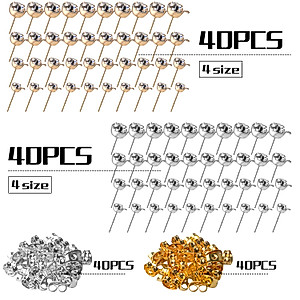 80pcs Rhinestone Hypoallergenic Earring Posts Stud Earrings with Loop and 80pcs Butterfly Ear Back Earrings for DIY Earring Jewelry Making Findings, 4 Sizes