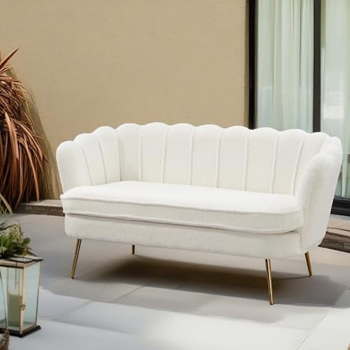 UFINEGO Curved Sofa Boucle Loveseat 59" Wide Modern Boucle Loveseat Upgrade Your Living Room with Our Curved Sofa - Featuring Gold Metal Legs and Full-Body Boucle Fabric, Ivory
