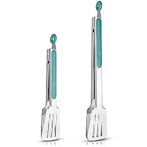 Premium 304 Stainless Steel Barbecue Turners, Heavy Duty Non-Stick BBQ Cooking Kitchen Tongs, 9" and 12" Aqua Sky