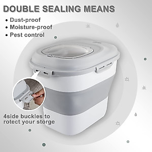 SUT Foldable Food Storage Container with Measuring Cup, Lid & Wheels, 15 Lbs Dog Cat Pet Food Storage Container, 30 Lbs Airtight Cereal Flour Rice Storage Container, Leakproof Sealable Dry Holder,Gray