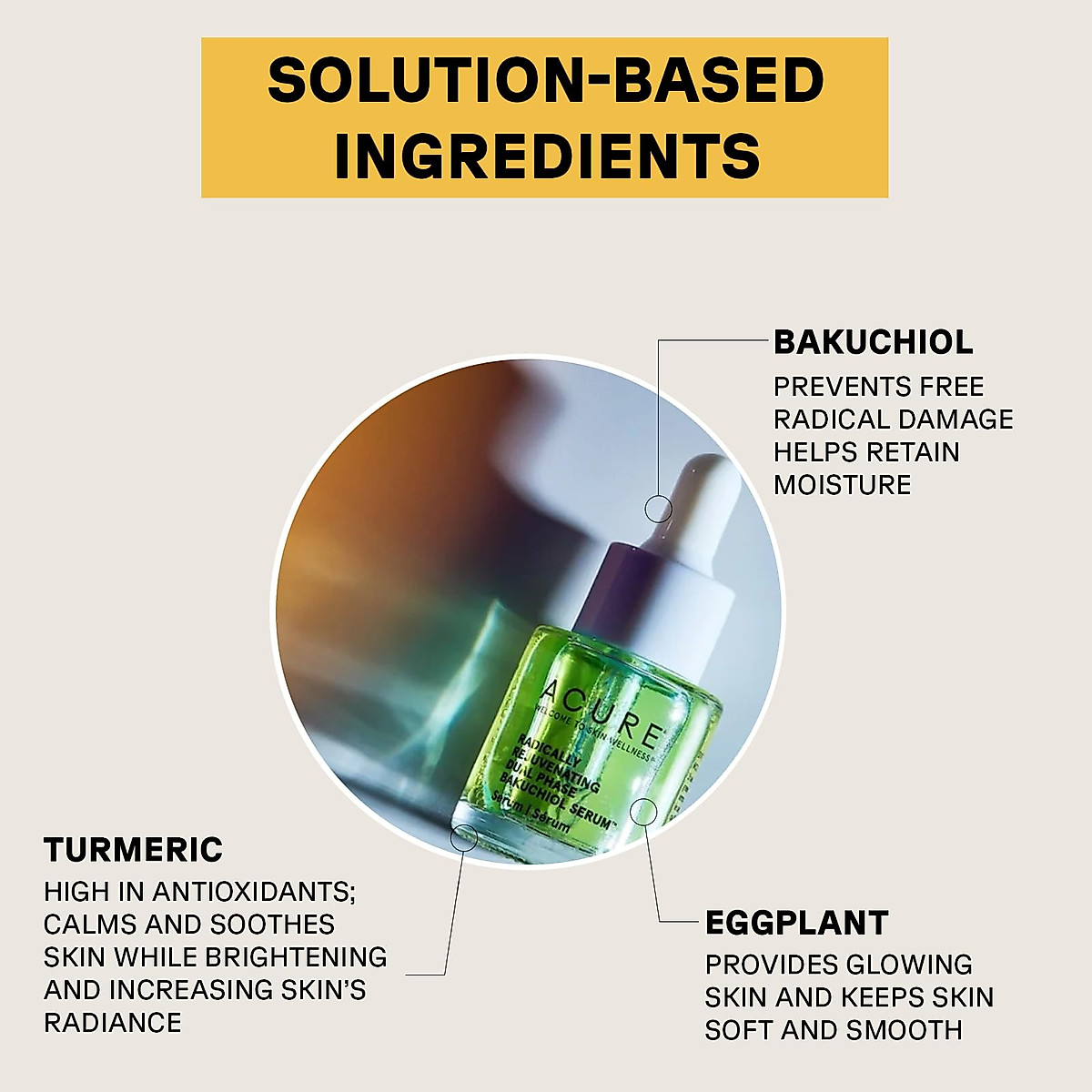 Acure Radically Rejuvenating Dual Phase Bakuchiol Serum - Anti-Aging & Soothing Skin Support - All Natural Made with Eggplant, Turmeric & Bakuchiol - Vegan Skin Care, Hydrates & Defends - 0.67 oz