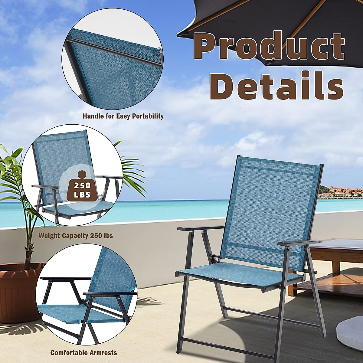 VICLLAX Outdoor Folding Patio Chairs with Arms, Portable Patio Dining Chairs Sling Back Chairs for Garden, Set of 2