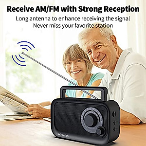 AM FM Radio with Best Reception, Bluetooth Speaker Portable Radio, DSP Plug in Wall Radio Battery Operated or AC Power with Headphone Jack, Large Tuning Knob for Home Kitchen Outdoor, Black