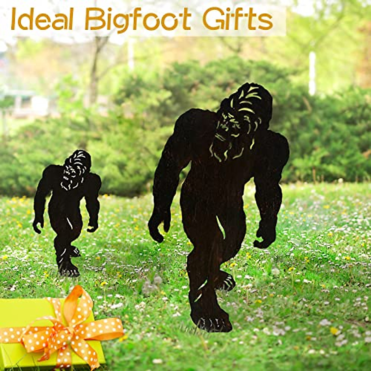 Bigfoot Garden Decor Metal Stake - Set of 2 Big Foot Sasquatch Gifts Yard Art Decorative Garden Stakes for Outdoor Decor, Yard, Patio, Lawn Decorations - 15.7”H x 8.3”W & 7.8”H x 4.1”W