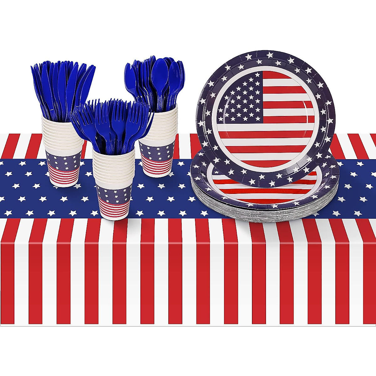 Patriotic Party Supplies,152Pcs American Flag Themed Party Set, Patriotic Party Decorations, American Flag Tablecloths,4th of July Plates Cups, Red White and Blue Decor for Outside, Picnic, Memorial