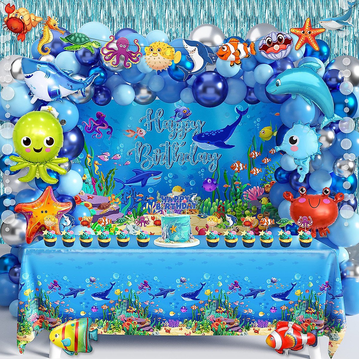 Under the Sea Party Decorations 98Pcs, Ocean Theme Birthday Party Supplies Include Backdrop Tablecloth Bubble Garlands Cake Topper Ocean Animals Balloons for Pool Beach Party Baby Shower (Ocean-01)