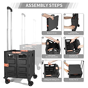 Rolling Crate Utility Cart Collapsible Tote Basket Teacher Cart with Lid Wear-Resistant Noiseless 360°Rotate Wheel Telescoping Handle for Trave Moving Luggage Use(Black,110lbs)