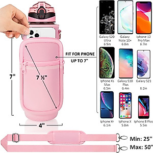 Fimibuke 32 oz Water Bottle with Sleeve - BPA Free Leakproof Sport Large 1L Plastic Motivational Water Bottle with Straw & Strap & Insulated Neoprene Holder Carrier Bag for Women Men(A2.Baby Pink)