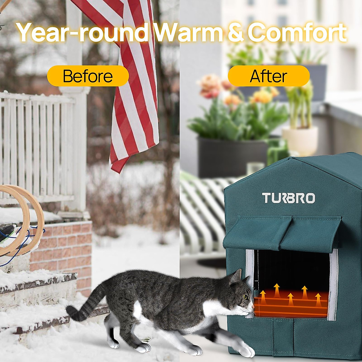 TURBRO Heated Cat House Outdoor, Insulated and Weatherproof Iron Shelter for Feral and Cats Outside, Heating Pad Bed with 14.7ft Anti-Bite Cord, UL Test Passed, Blue