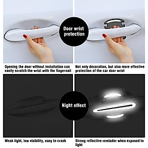 Yumfugu 8 PCS Car Door Handle Sticker, 4 PCS 3.5In x 3.2In Reflective Rubber Vehicle Door Bowl Stickers, 4 PCS 3.5In x 0.5In Handle Protection Film, Universal Warning Protector (White)