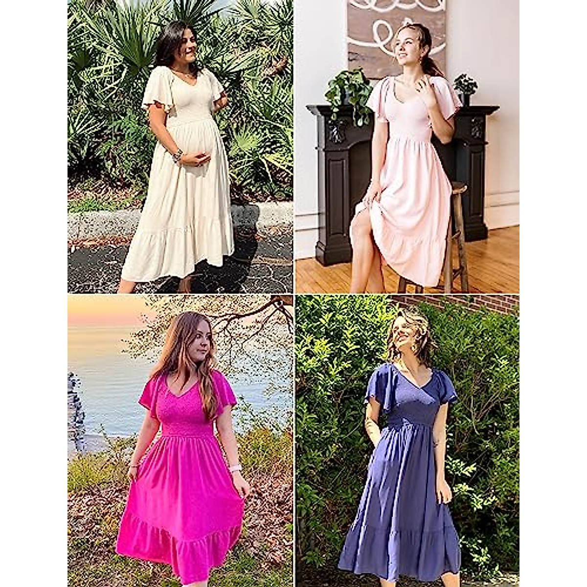 MEROKEETY Womens V Neck Smocked Midi Dress Ruffle Sleeve Elastic Waist Flowy Dress with Pockets, Dustyblue, S